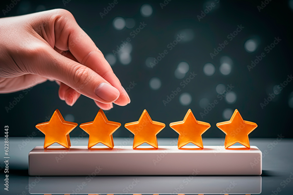 Customer satisfaction meter with star rating. evaluation, Woman hand ...