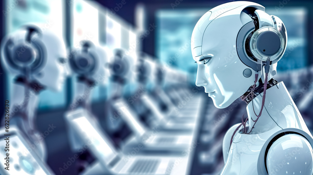 a robot with a headset in the call center provides client service ...