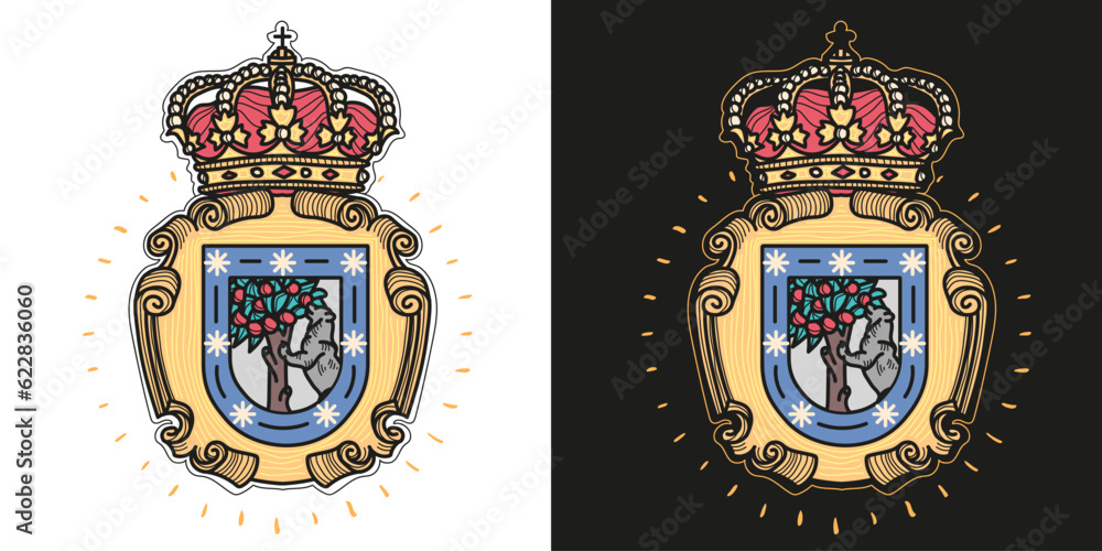 Madrid City Spain Hand Drawn Coat of Arms Design in Traditional Tattoo ...