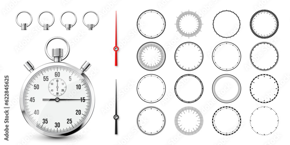 Classic stopwatch with clock faces. Shiny metal chronometer, time ...