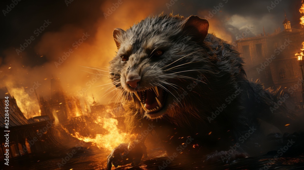 Illustration Stock Furious rat in the fire of destruction. Angry furry ...