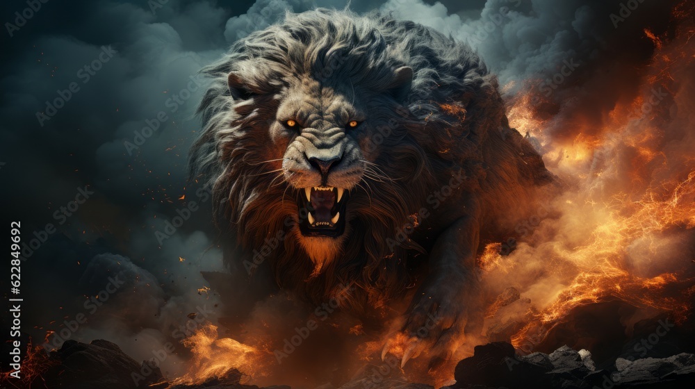 Furious lion in the fire of destruction. Angry furry lion with a growl ...