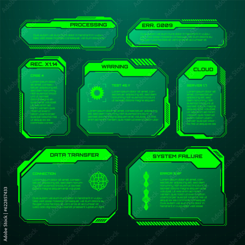 Green futuristic HUD, UI elements. Sci-fi user interface text boxes ...