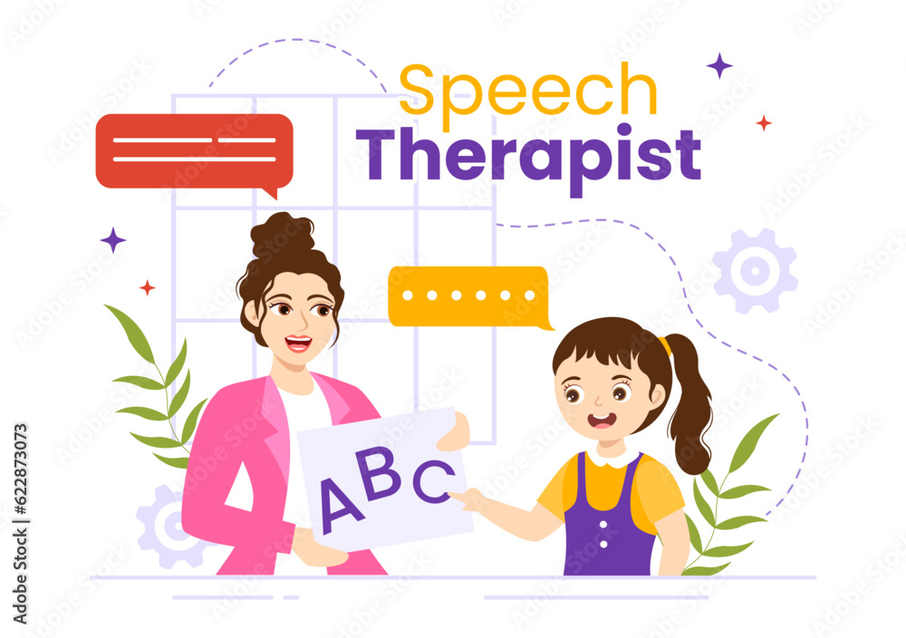 Speech Therapist Vector Illustration with Child Training Basic Language ...