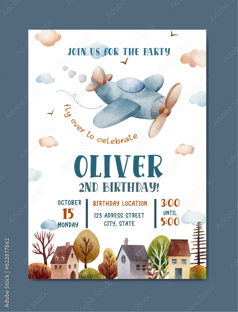 Birthday invitation card with airplane theme watercolor template ...
