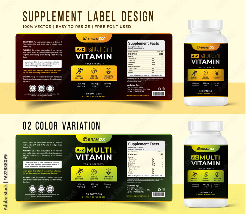 Multi vitamin label sticker design and food supplement sticker banner ...