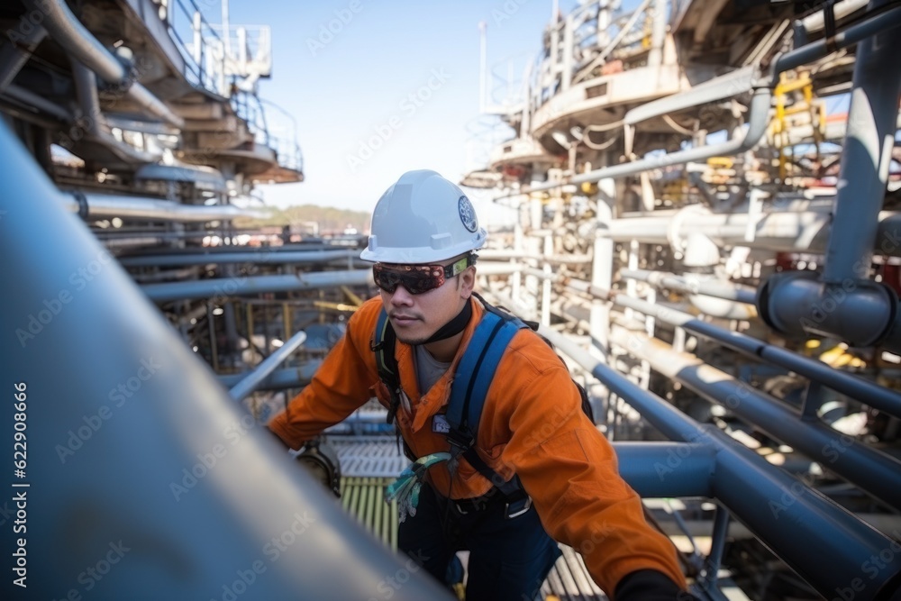 Oil and gas industry workers climb aboard a pressurized gas vessel to ...