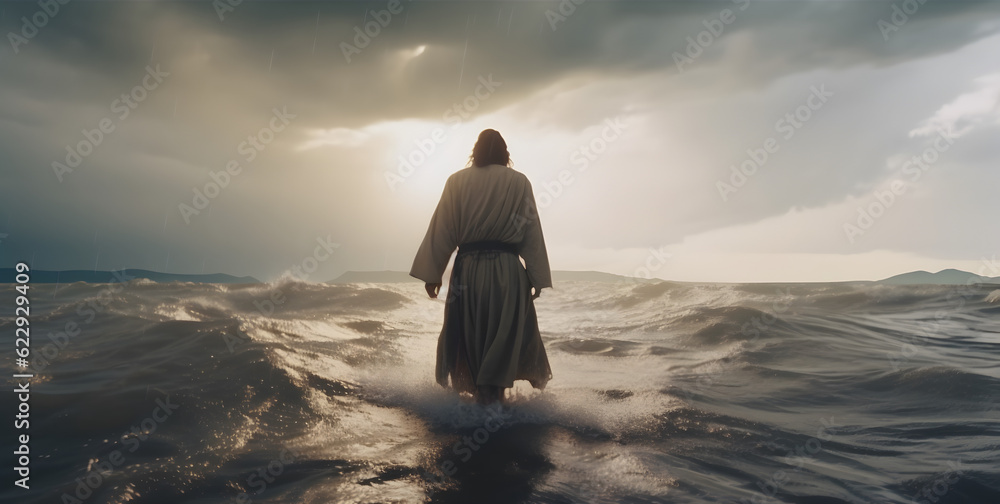 Jesus Christ walking on water during storm at sunset. AI generated ...