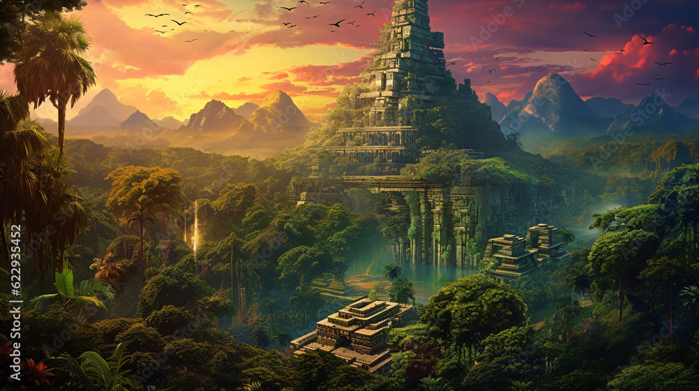 ancient and overgrown mayan temple ruins in the jungle, lost place in ...