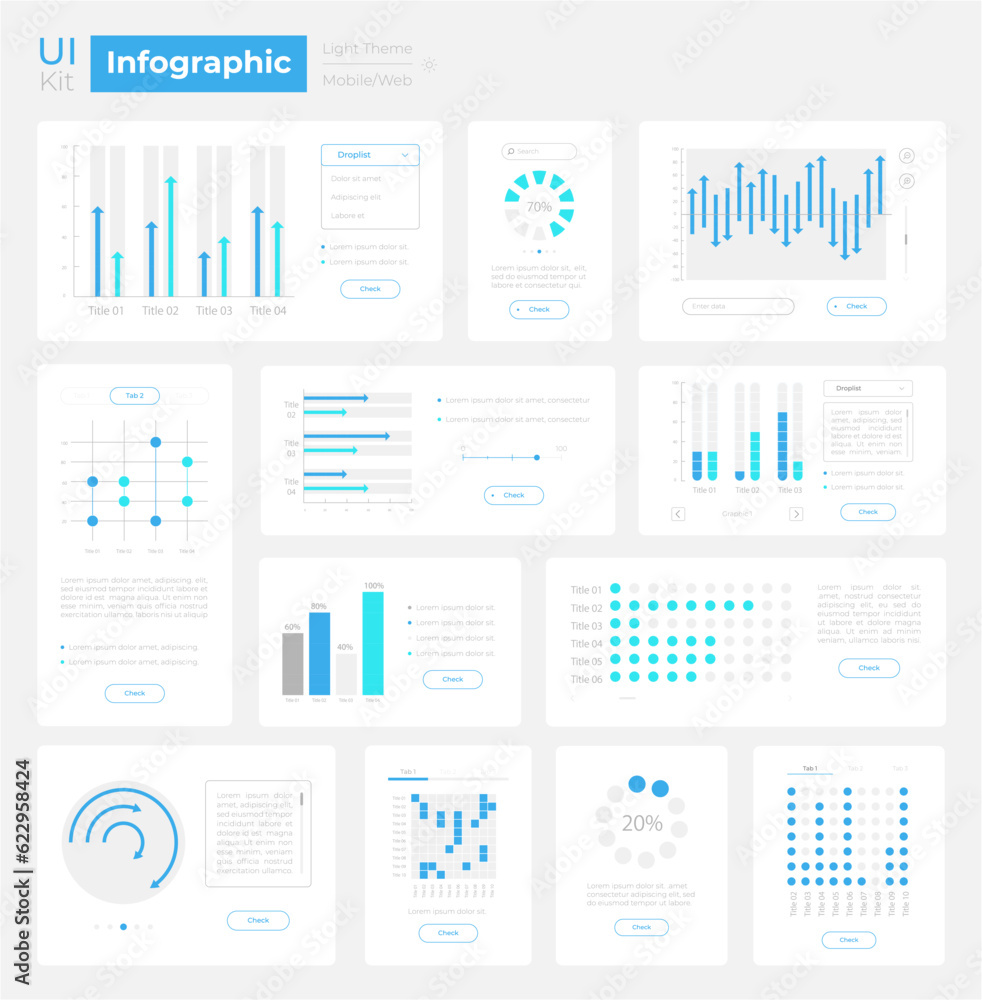 Infographic visualization UI elements kit. Studying results isolated vector dashboard components ...