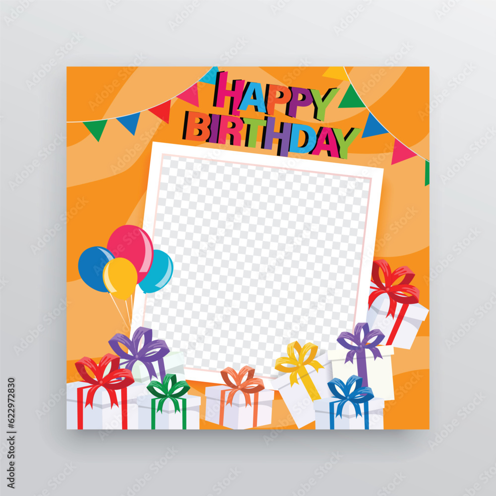 happy birthday photo frame with balloons and gift boxes design Stock ...