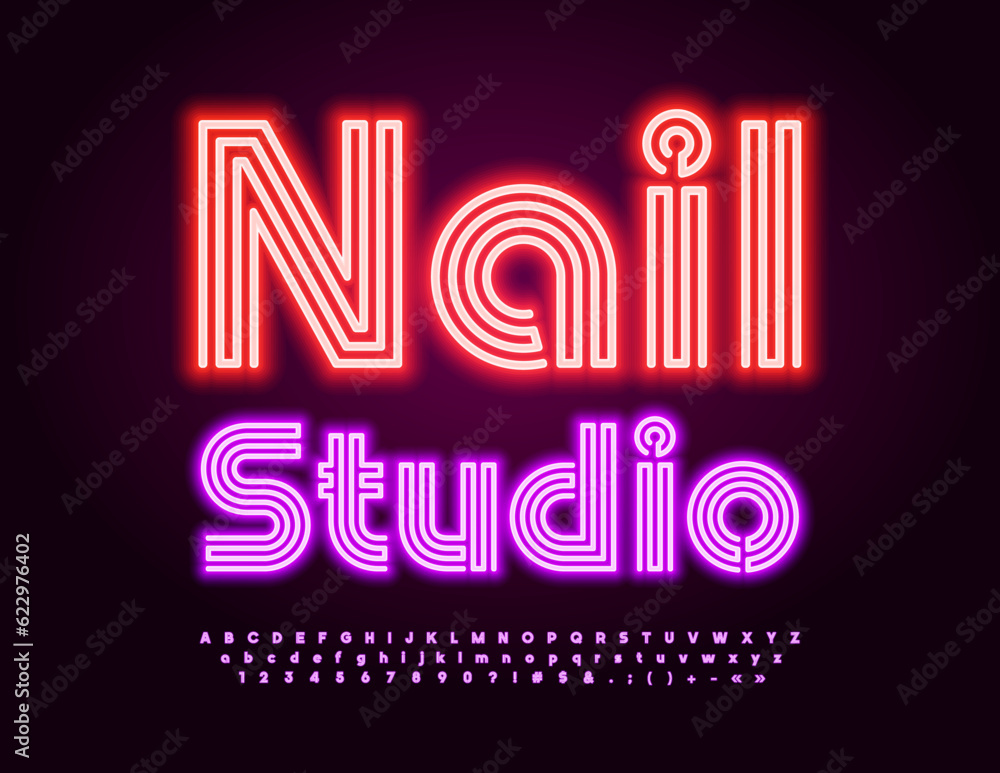 Vector glowing sign Nail Studio. Neon maze Font. Purple electric light ...