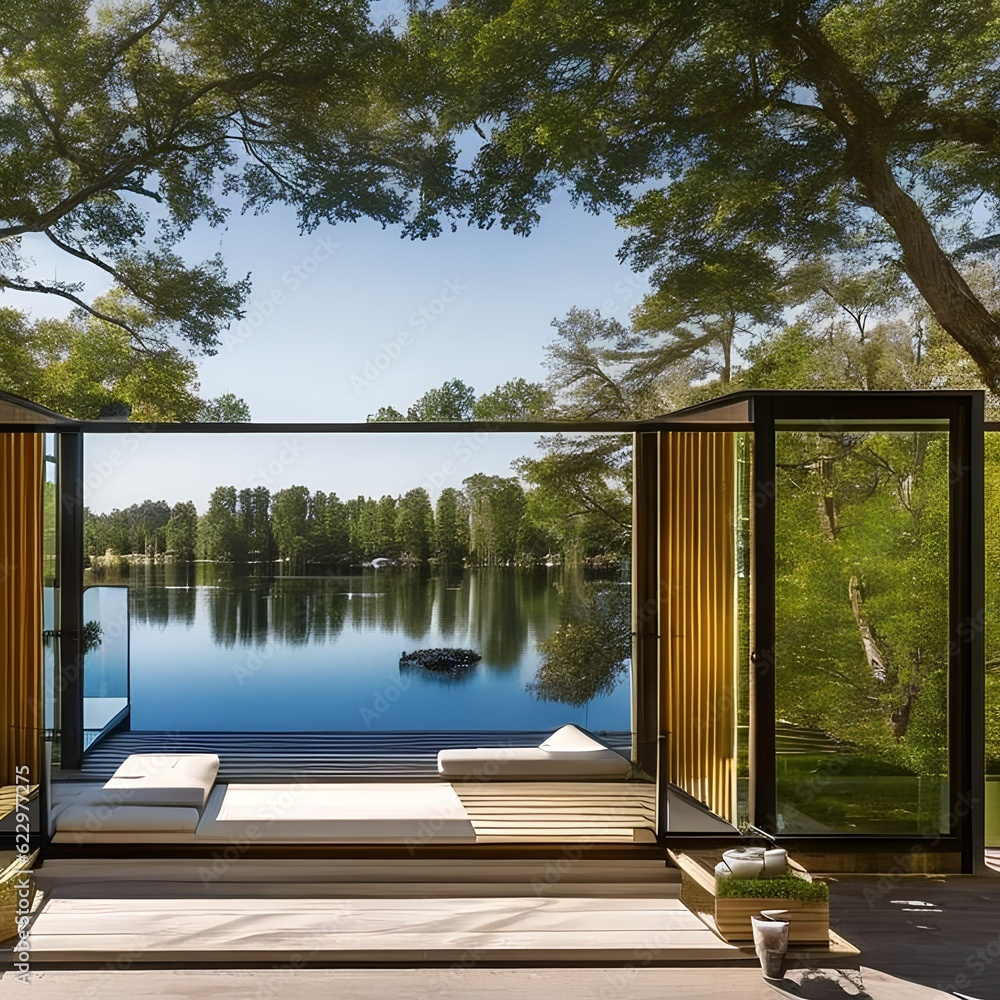 155 A serene lakeside pavilion with minimalist design, panoramic ...