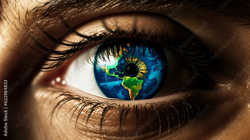 World Map eyeball inside a human eye. close up of human eye with Earth ...