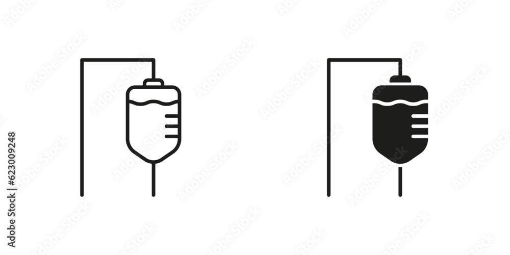 Iv Drip Line and Silhouette Black Icon Set. Infusion Medication Aid ...