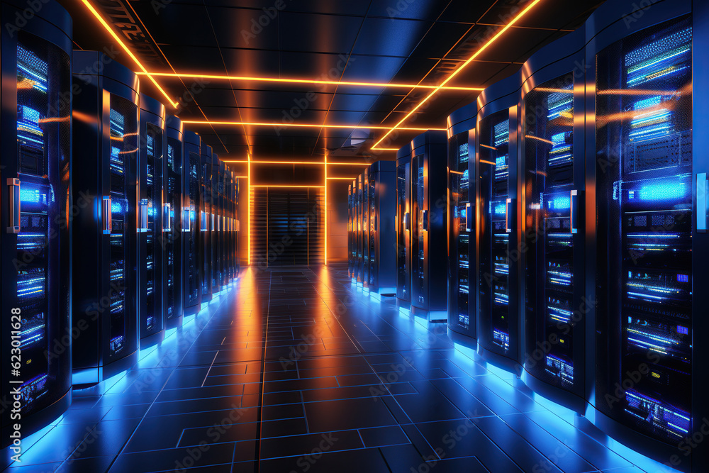 Ilustración de Stock Server room, multiple server rack hall in a darkly lit office, Data center ...
