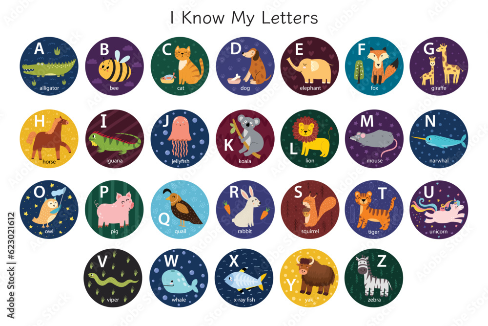Animal alphabet stickers for kids. Letters from A to Z. Circle labels ...
