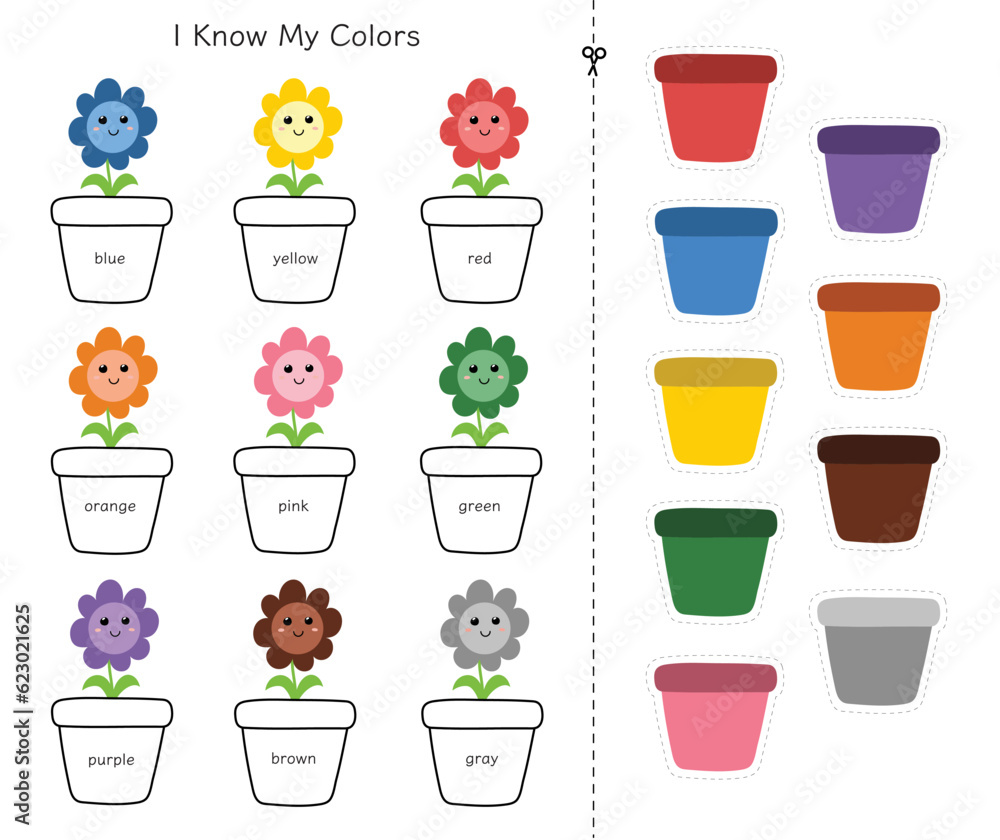 Match the colors activity for kids. Matching game with cute flowers and ...