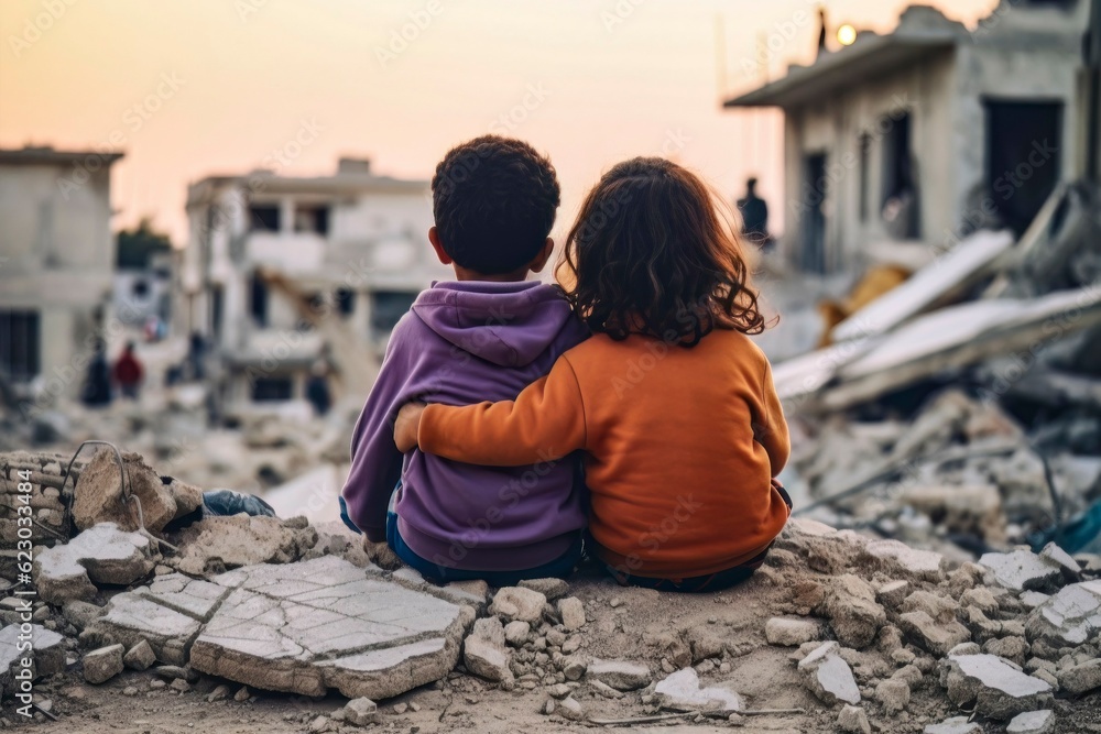 Innocence Amidst the Ruins: Embracing Children in War-Torn Debris Stock ...