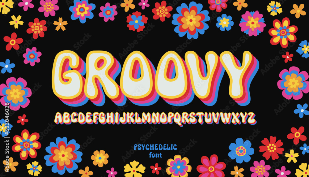 Vector groovy psychedelic alphabet. Contemporary psychedelia fun hand ...