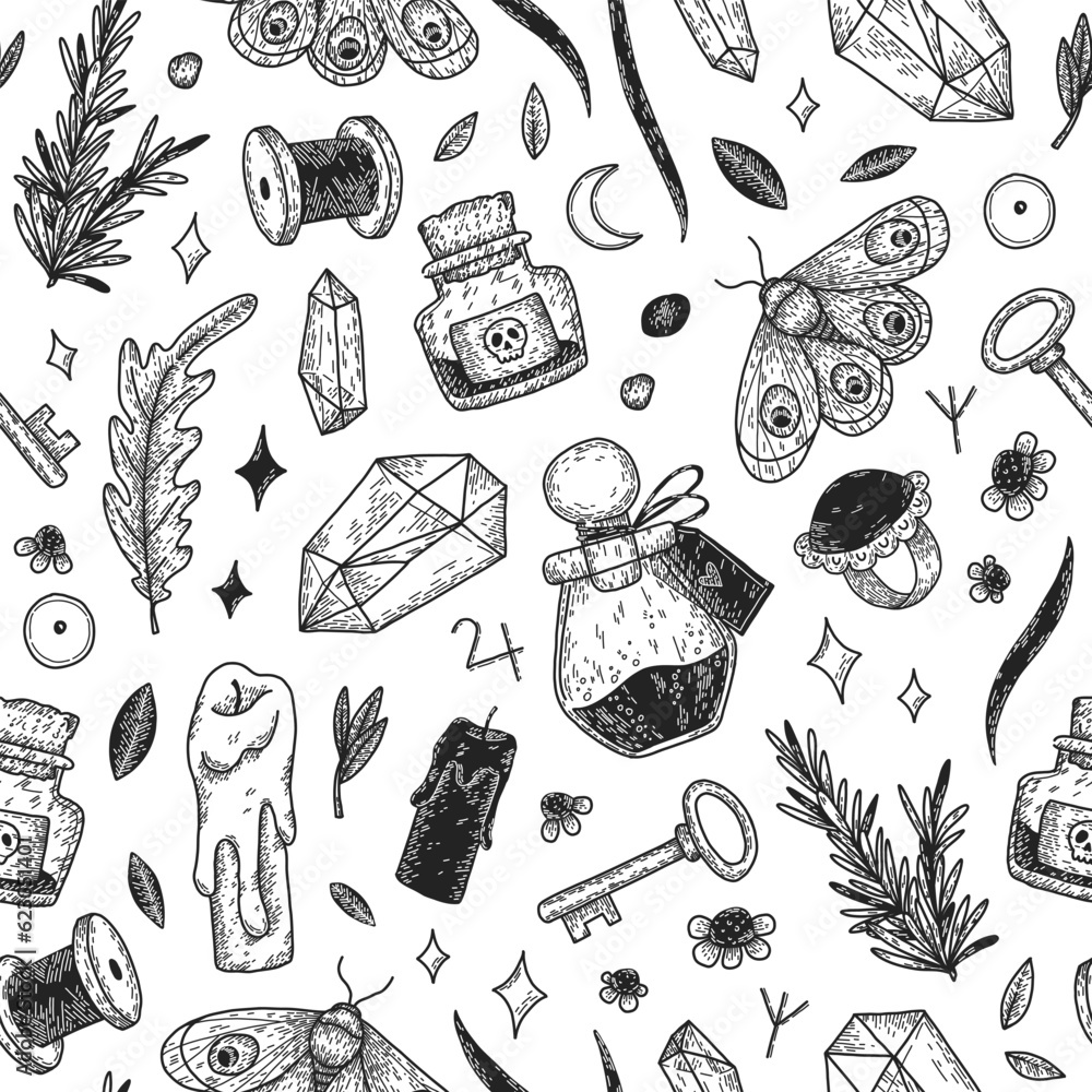 Pattern with magical objects - crystals, leaves, moth, candles, poisons ...
