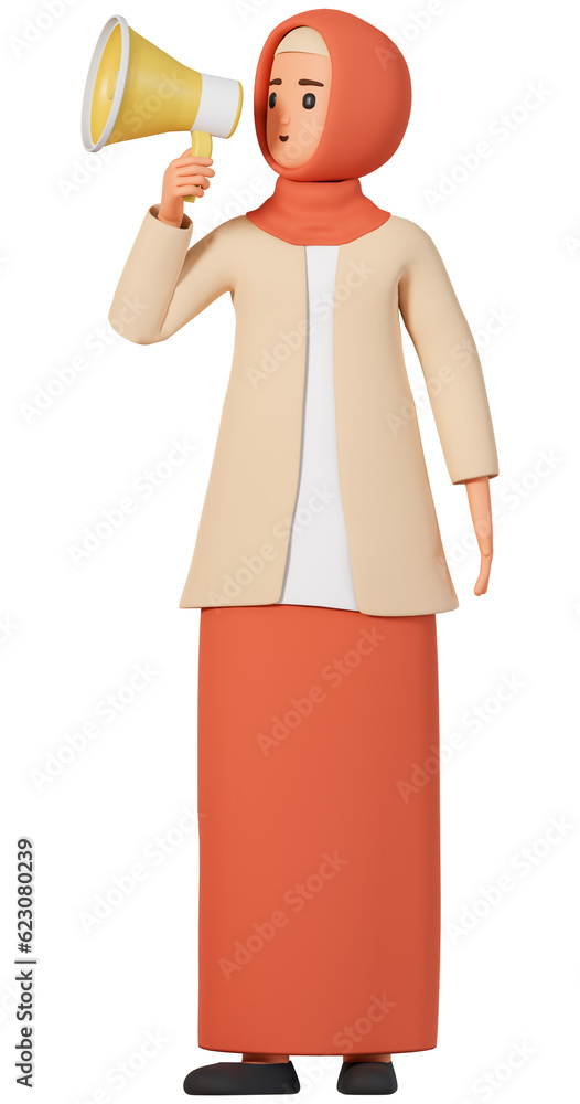 Muslim woman character in hijab holding loudspeaker 3d illustration ...