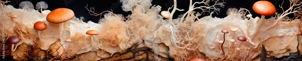 Growing Fungus mycelium closeup in copyspace banner. Microcosm of ...