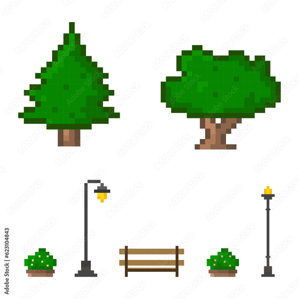 Pixel art park element, trees, bench, bush, street light for design ...