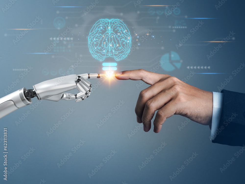 AI artificial intelligence brain, robot hand and human hand ...