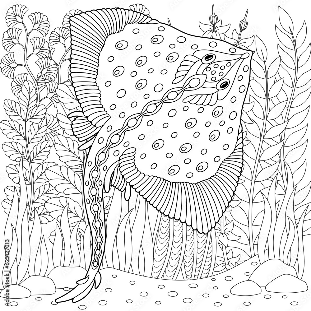 Manta ray coloring page. Outline sea design in mandala and zentangle ...