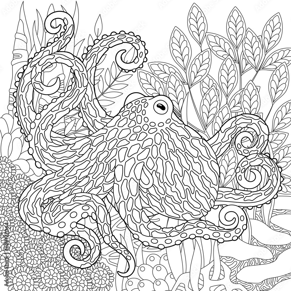 Octopus coloring page. Outline sea design in mandala and zentangle ...