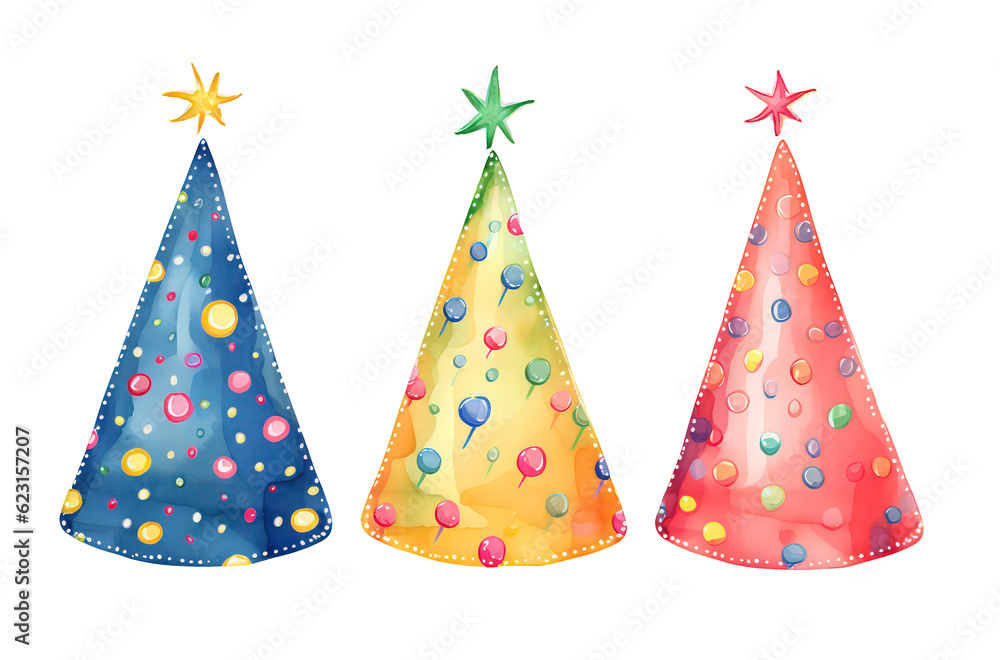 Birthday caps, watercolor Party Hats with transparent background, set ...