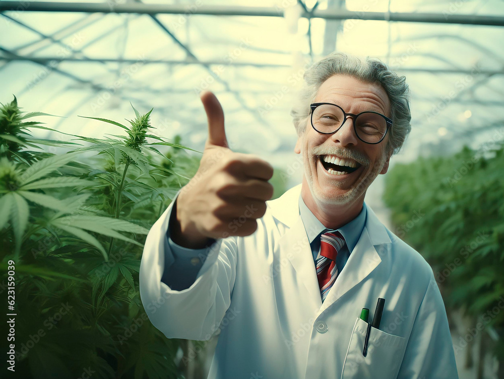 Cannabis marijuana. Funny medic wearing medical gown in greenhouse with ...