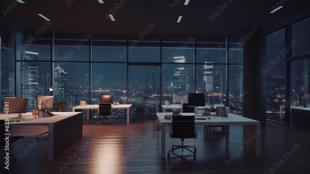 night time office space with row of working office table and work ...