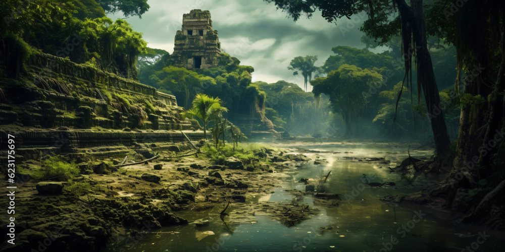 ancient and overgrown mayan temple ruins in the jungle, lost place in ...
