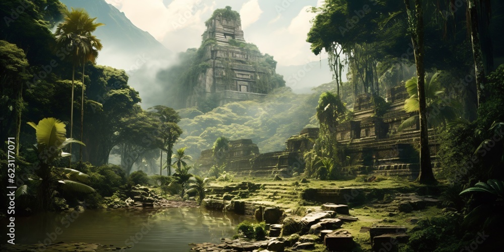 ancient and overgrown mayan temple ruins in the jungle, lost place in the amazon rainforest ...