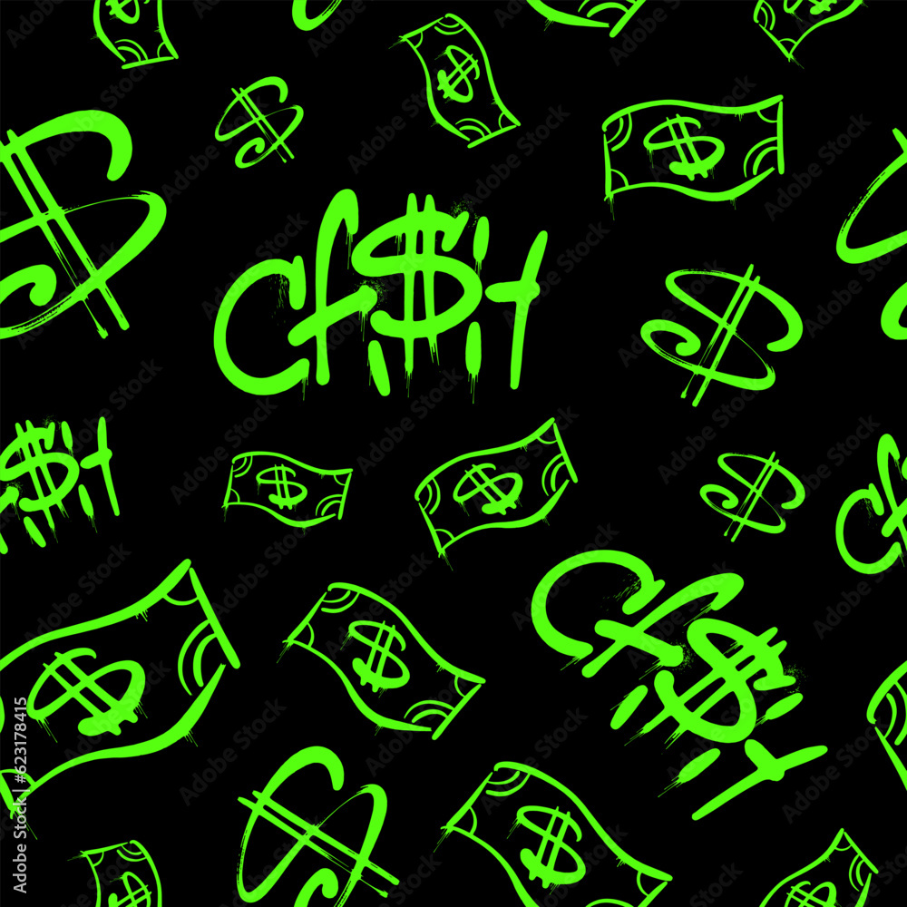 Seamless pattern CASH with money and dollars applied with green spray ...