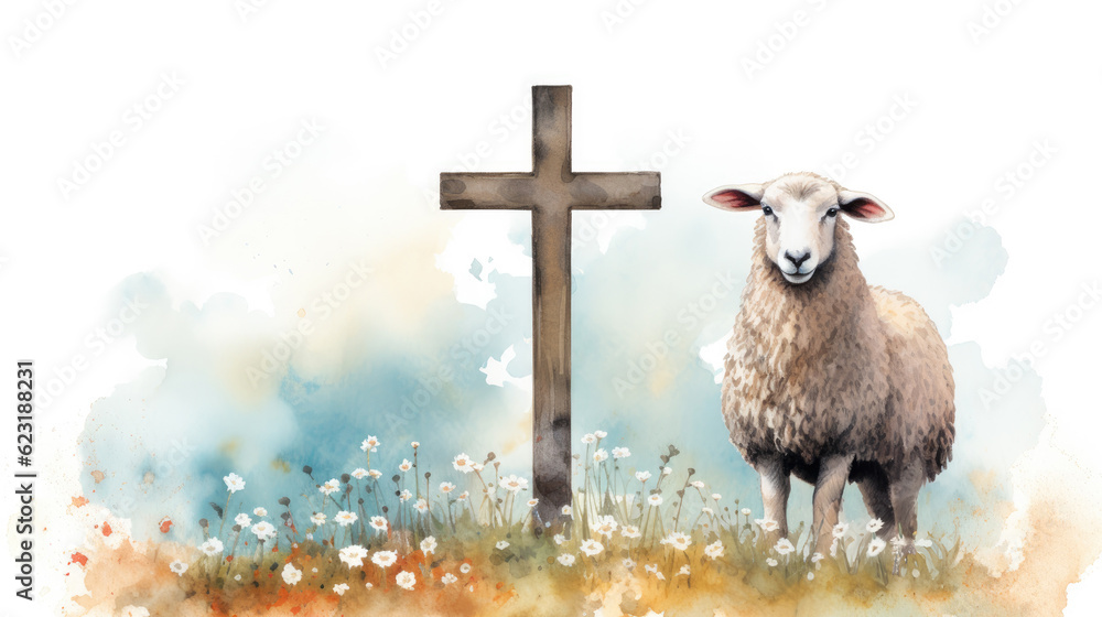 Watercolour pencil illustration of wooden cross and sheep standing next ...