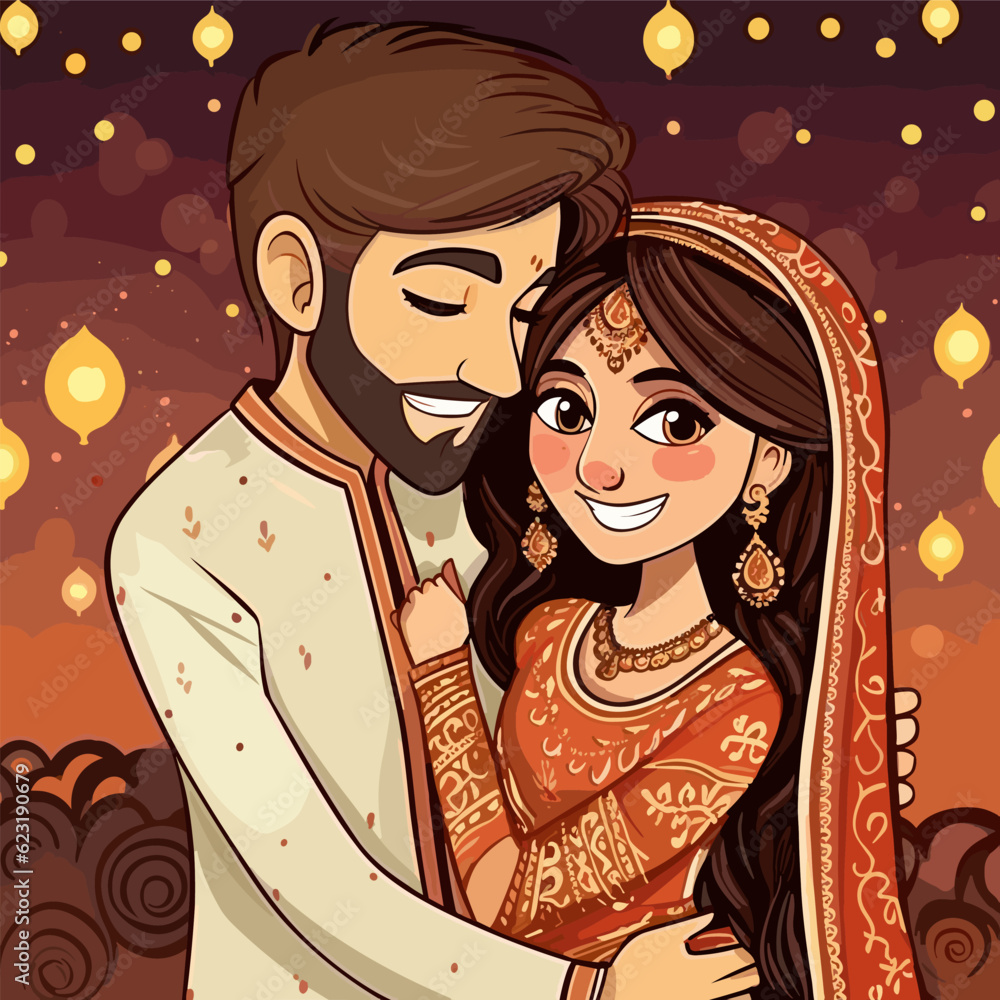 Indian couple hand-drawn comic illustration. Indian couple. Vector ...