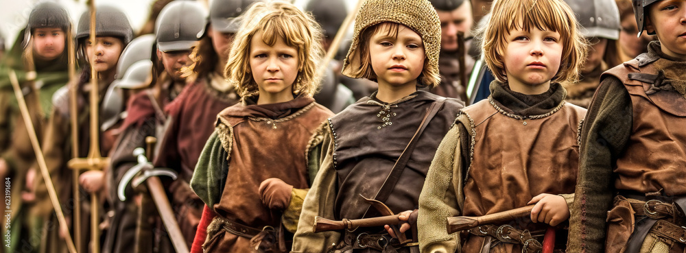Enthralling scene of fair-haired children in medieval attire, armed ...