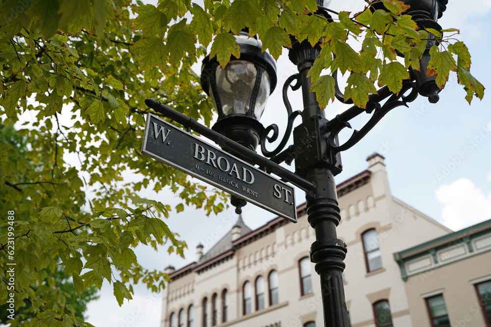 West Broad Street lamp post and sign in historic downtown Bethlehem ...