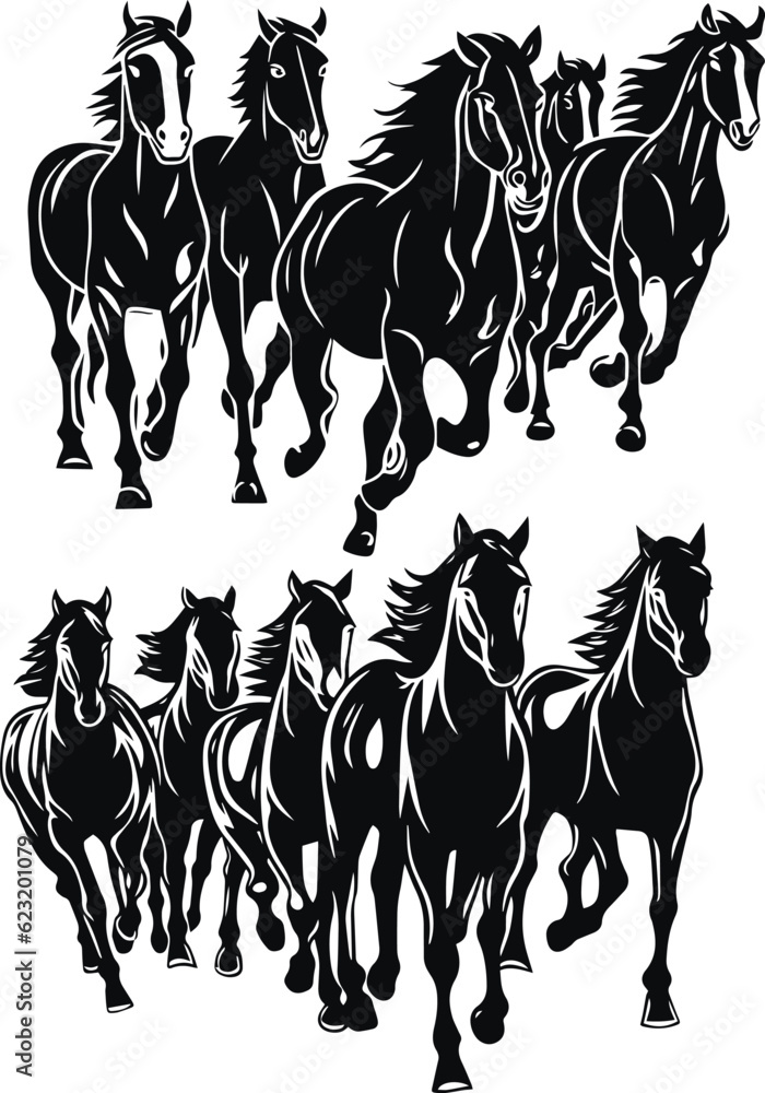 Herd of wild horses, mustang horses rushing forward, silhouette ...