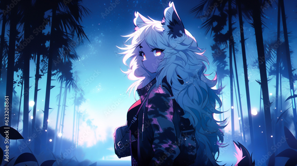 Young cat girl, anime character, cute pointy ears. Colourful background ...
