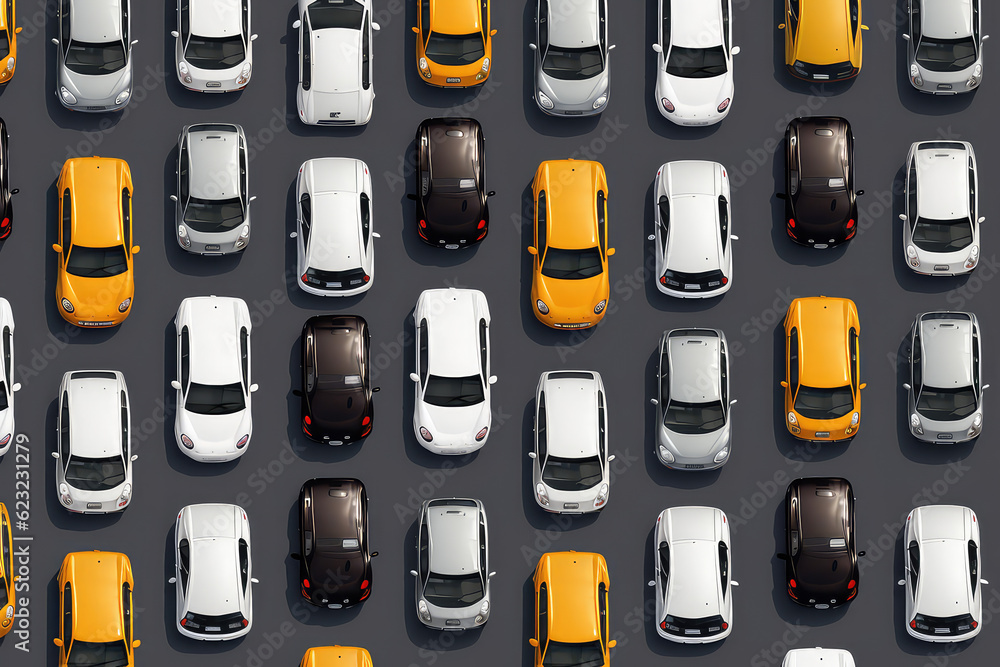 Overhead view of many different cars standing in rows in parking lot ...