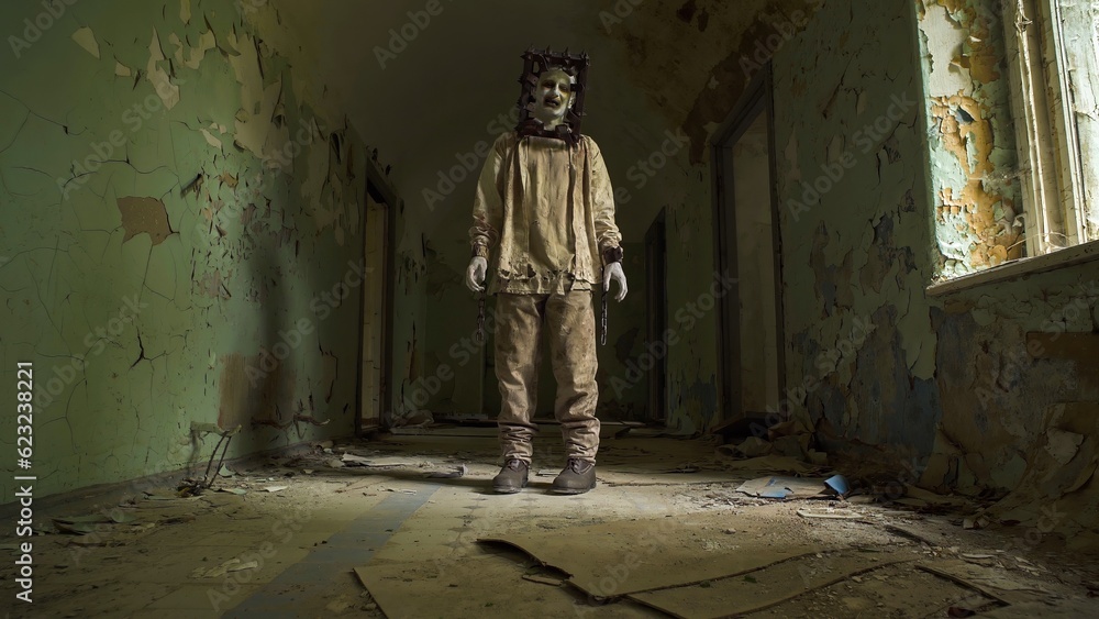 Ghost of maniac with cage on his head dragging dead body down corridor ...