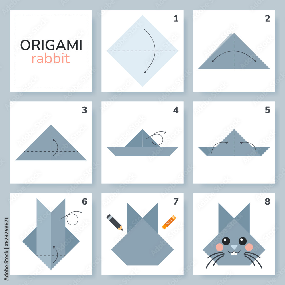 Vetor Rabbit origami scheme tutorial moving model. Origami for kids. Step by step how to make a ...