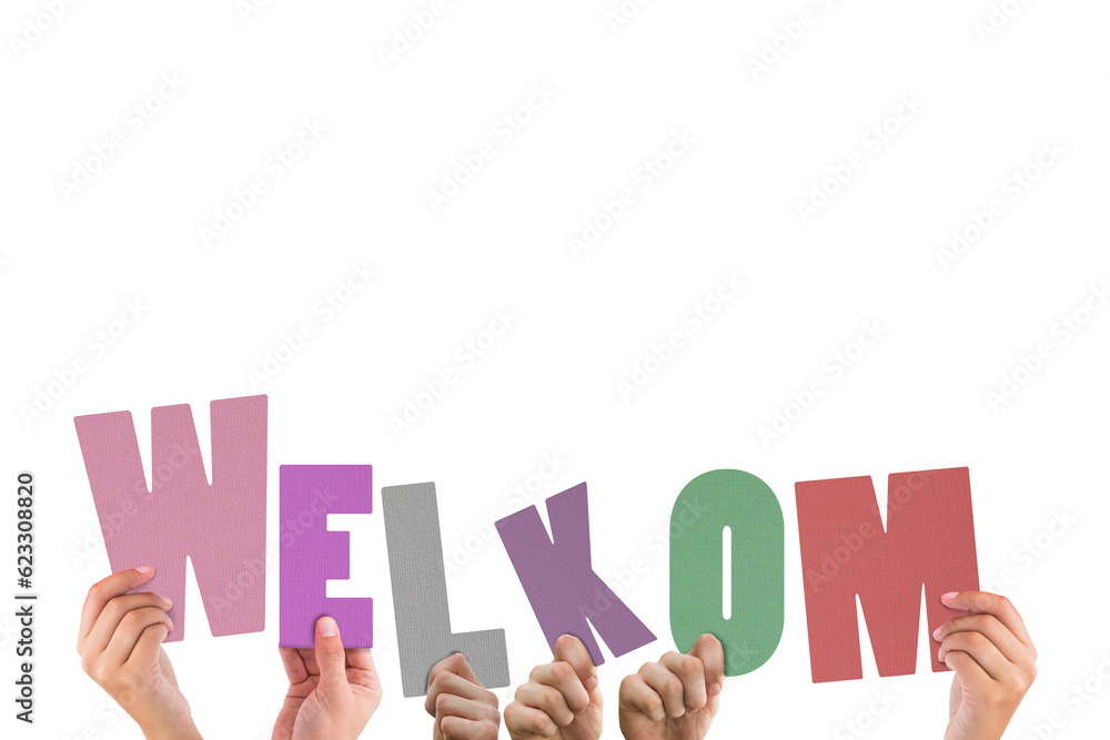 Digital png illustration of hands holding welkom text on transparent ...