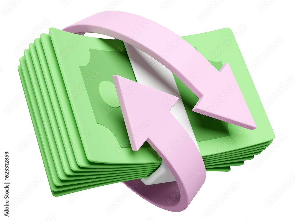 3d banknote stack isolated. transfer arrows, cashback, saving money ...