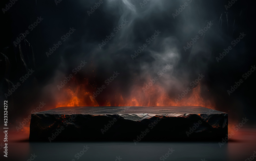 Table top stone or stand product display with fire flames in dark ...