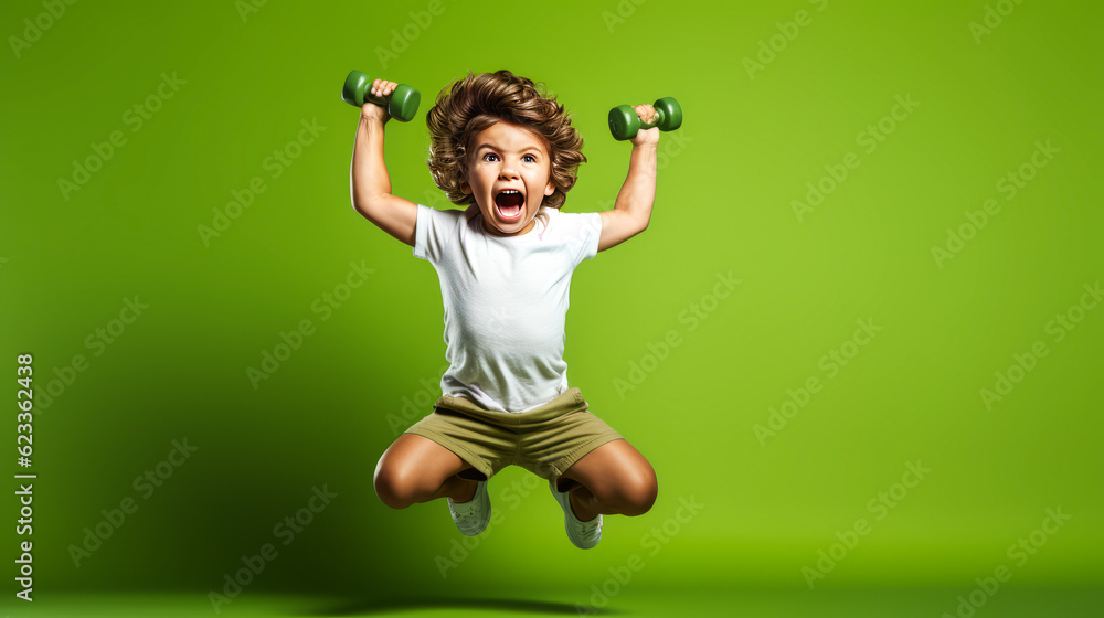 Playfully determined child with oversized dumbbell on vibrant green ...